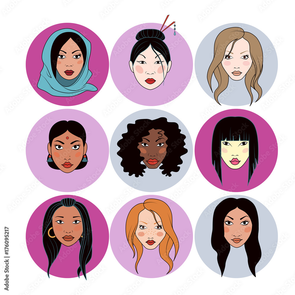 Vector set of different nationality woman portraits. Cartoon style ...