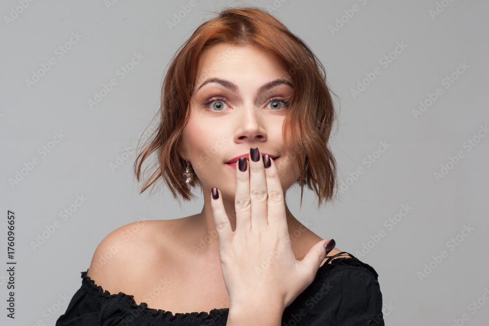 Female secrets. Flirty confusion young woman. Surprising news, shocked ...