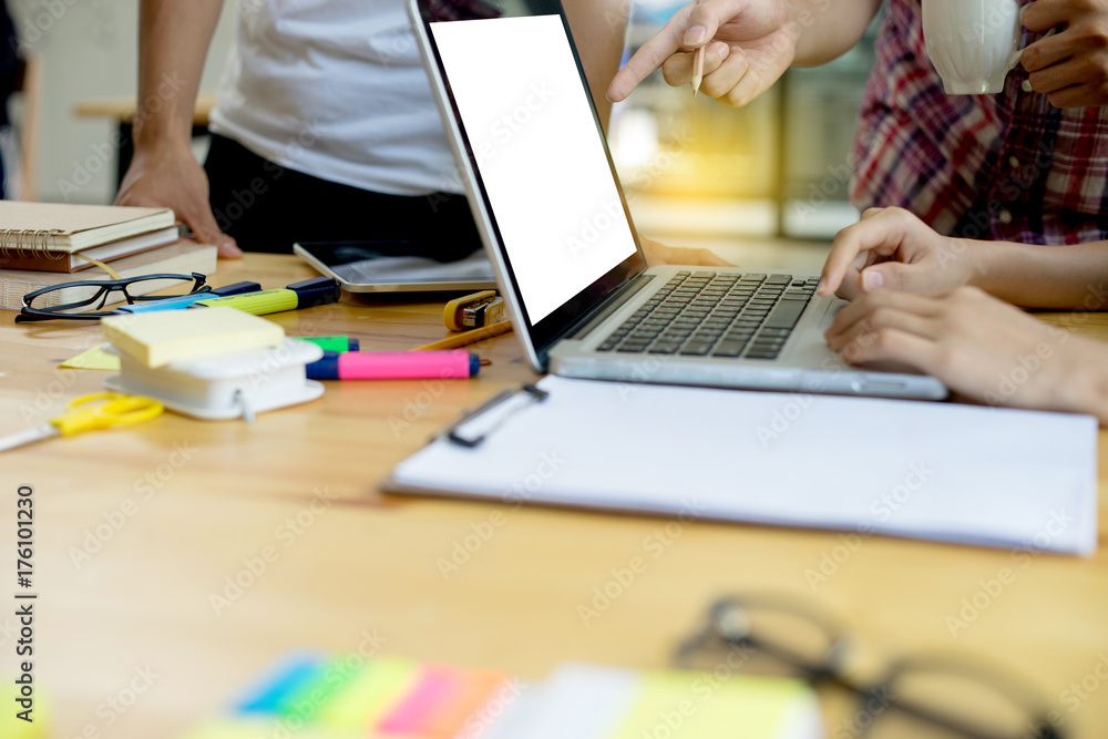 Team work for graphic design working on wood table with computer Stock ...