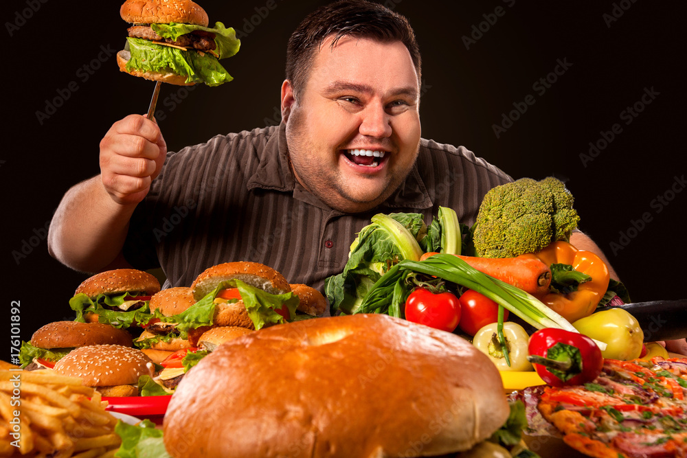 Diet fat man who makes choice between healthy and unhealthy food ...