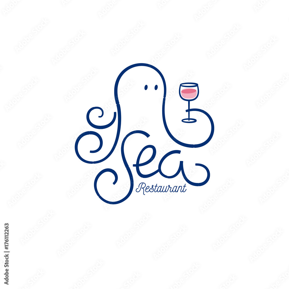 Sea food restaurant logo. Octopus with wineglass on a white background ...