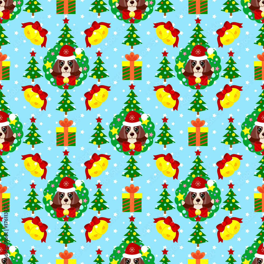 Christmas pattern with dog. Dog with Christmas tree and gifts. New Year ...