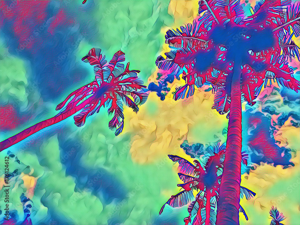 Tall coco palm trees on sky background. Tropical island sunset digital ...