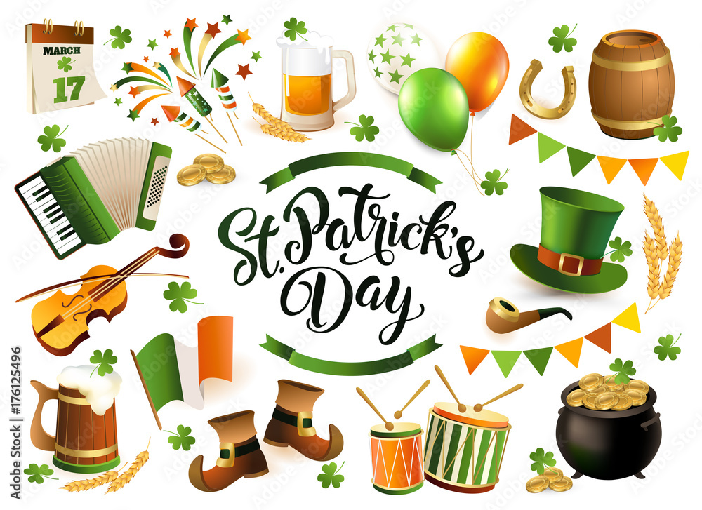 Happy Saint Patrick's Day traditional collection. Irish music, flags ...