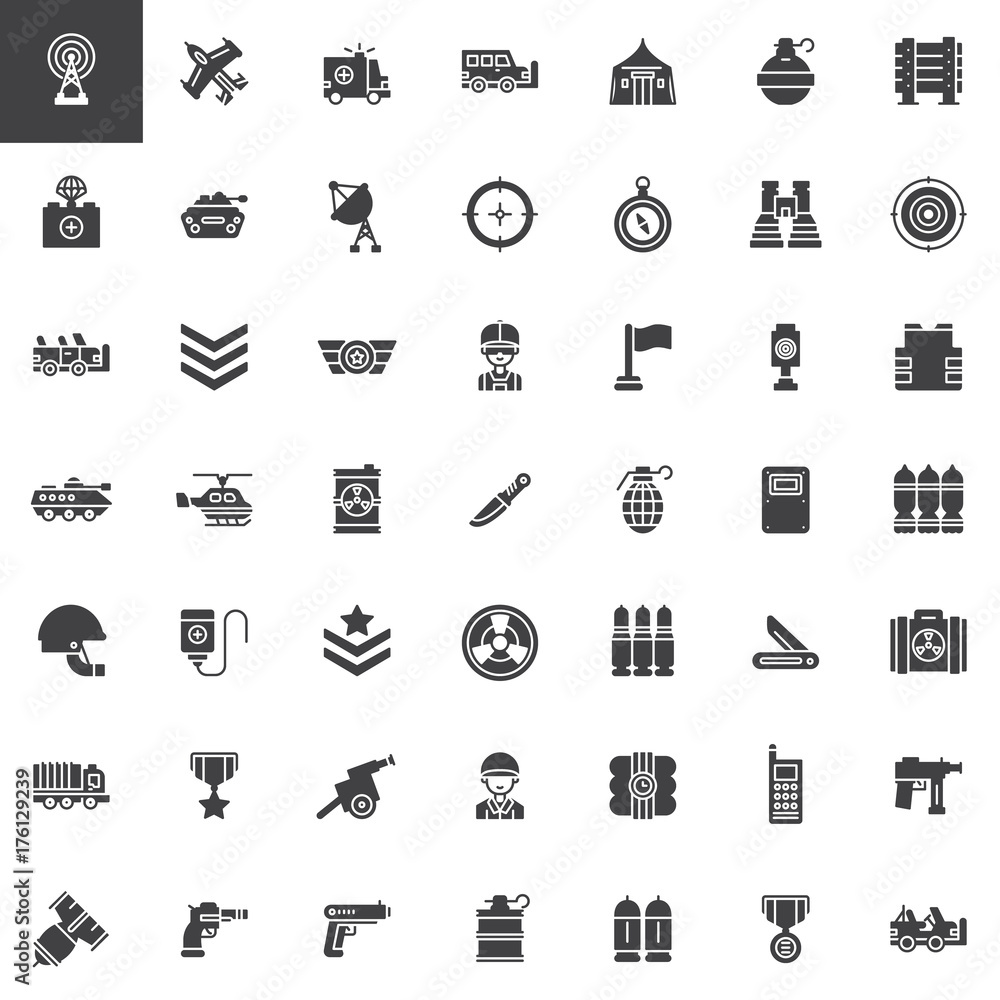 Military equipment vector icons set, modern solid symbol collection ...