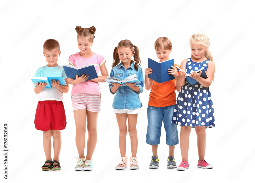 Cute little children reading books on white background Stock Photo ...