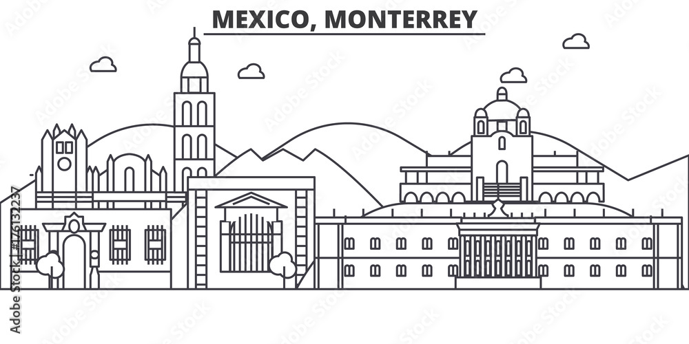 Vetor de Mexico, Monterrey architecture line skyline illustration ...