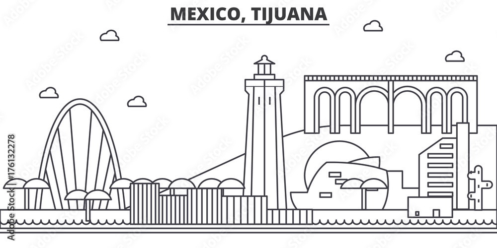 Mexico, Tijuana architecture line skyline illustration. Linear vector ...