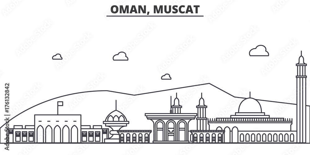 Oman, Muscat architecture line skyline illustration. Linear vector ...
