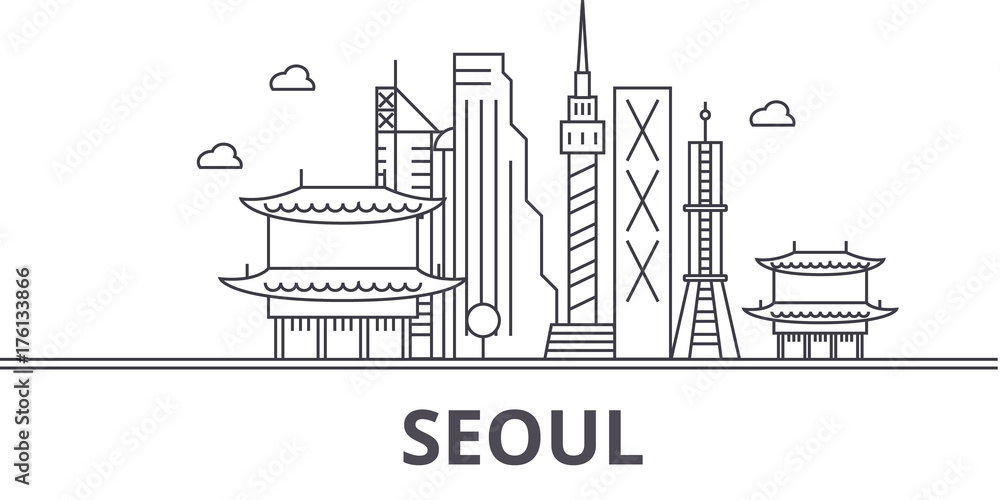 Seoul architecture line skyline illustration. Linear vector cityscape ...