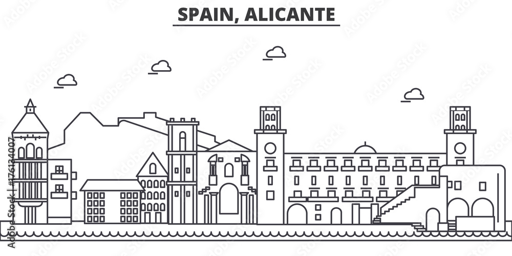 Spain, Alicante architecture line skyline illustration. Linear vector ...