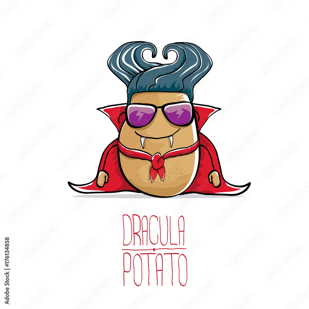 vector funny cartoon cute dracula potato with fangs and red cape ...
