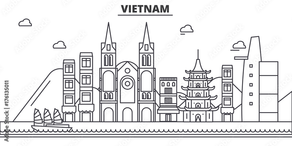 Vietnam architecture line skyline illustration. Linear vector cityscape ...