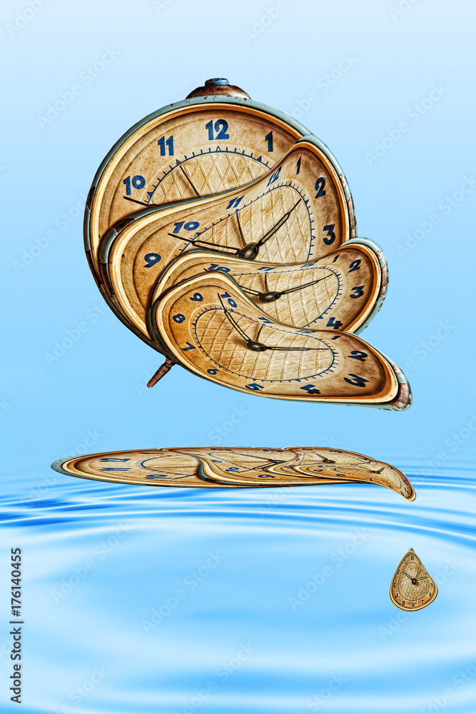 Surreal Alarm clock transforming and thawing in blue water ripples ...