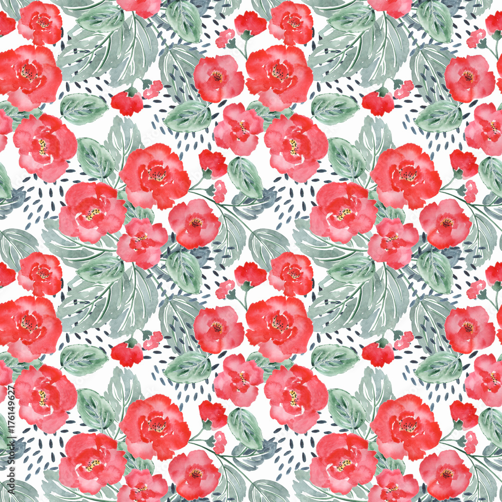 Seamless watercolor red flowers on white background. Stock Illustration ...