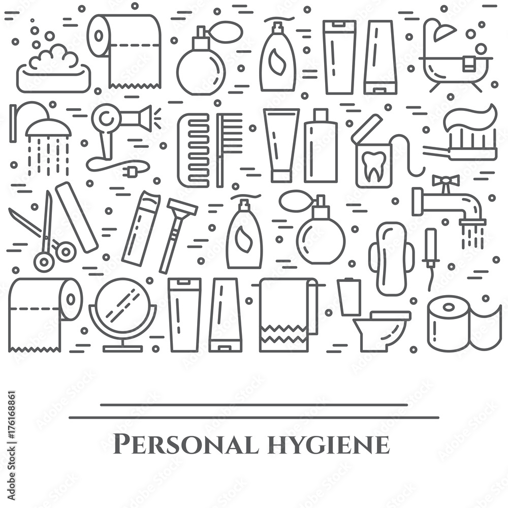Personal hygiene line banner. Set of elements of shower, soap, bathroom ...