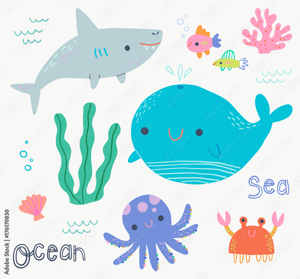 Cute Ocean Animal clip art set Stock Vector | Adobe Stock