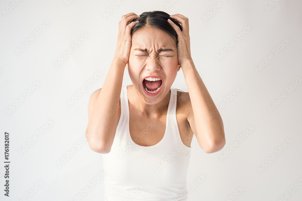 portrait of angry pensive mad crazy asian woman screaming out ...