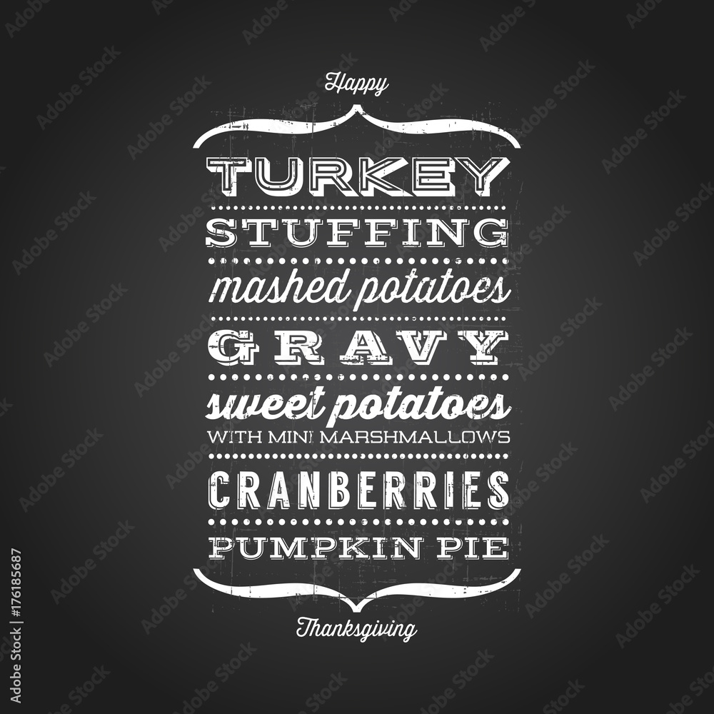 Happy Thanksgiving card with menu list of typical foods served at ...