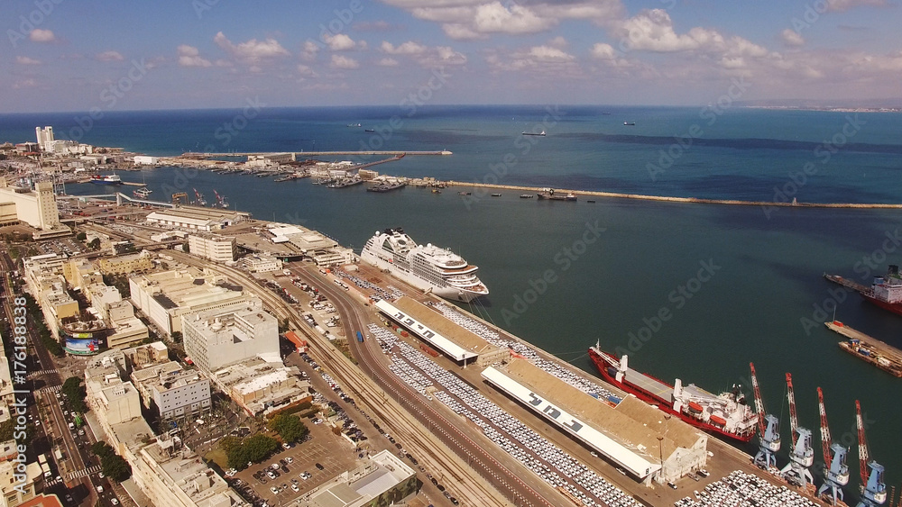 Huge large mega ULCV container ship sails on open water fully loaded ...