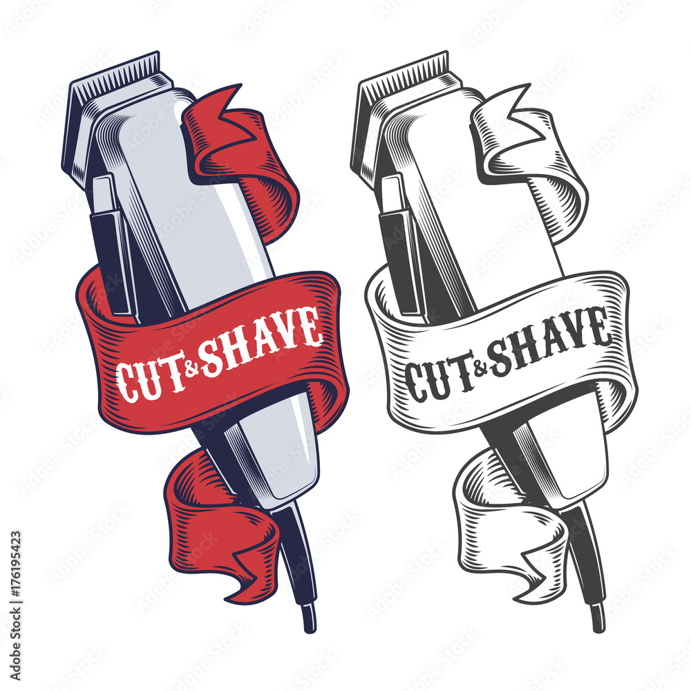 Colored and monochrome electric hair clippers turned with ribbon ...