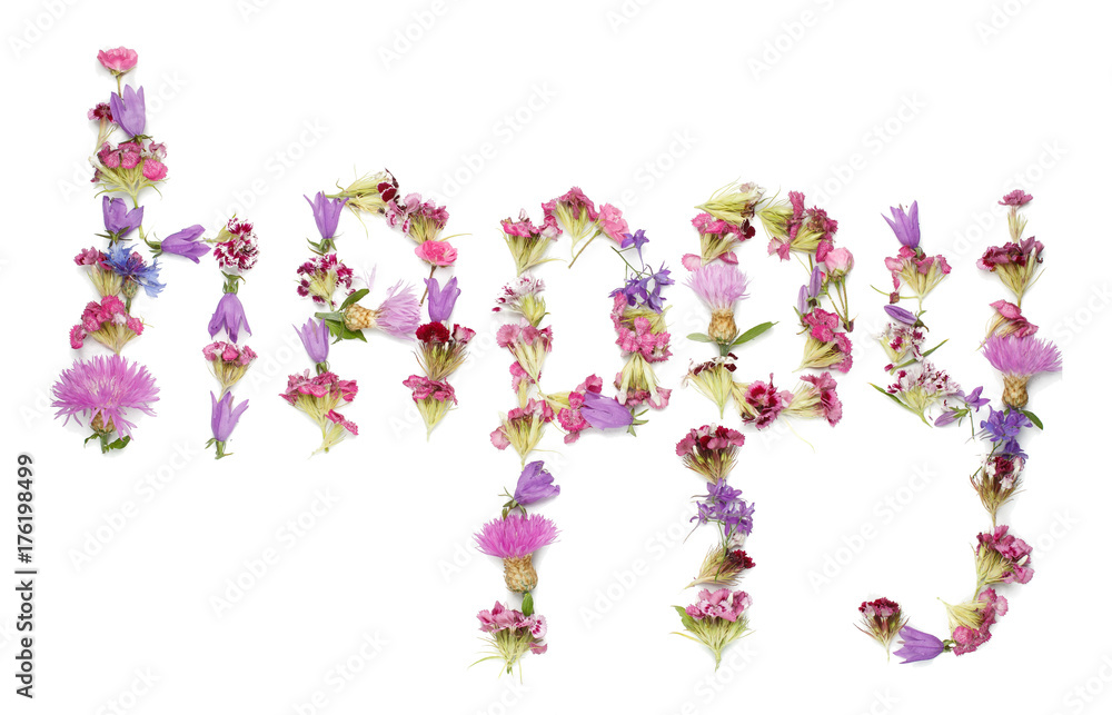 Word happy from Pink and purple flowers isolated on white background ...