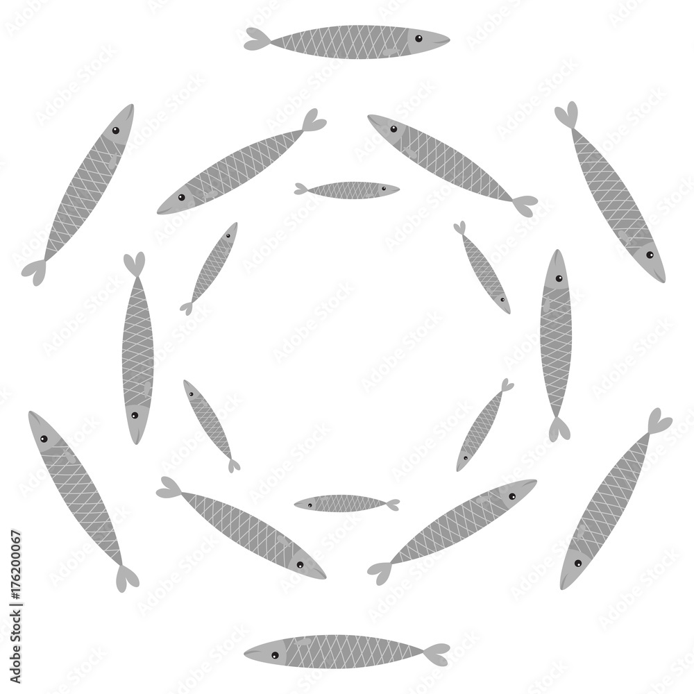 Sardine gray fish set. Iwashi. Sardina pilchardus school. Cute cartoon ...