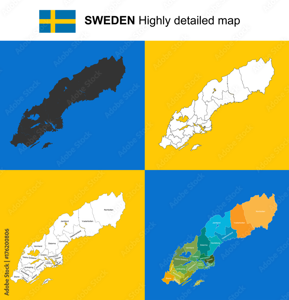 Sweden - Vector highly detailed political map with regions, provinces ...