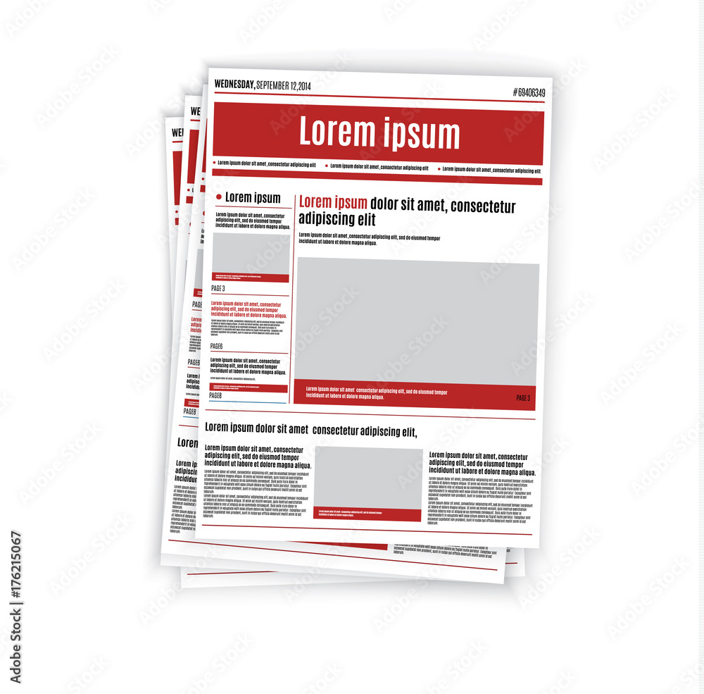 Newspaper design template with red headline, images and charts ...