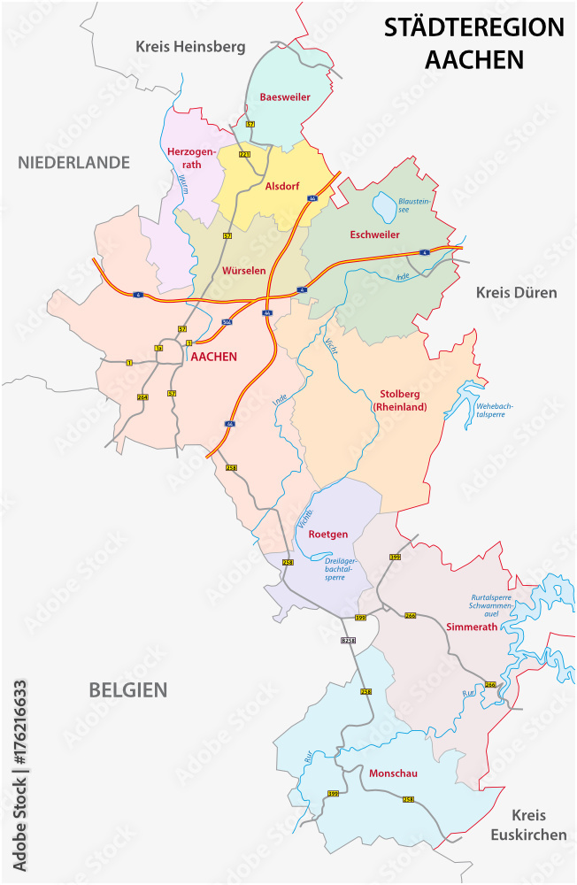 Administrative and political map of Aachen region in German language ...