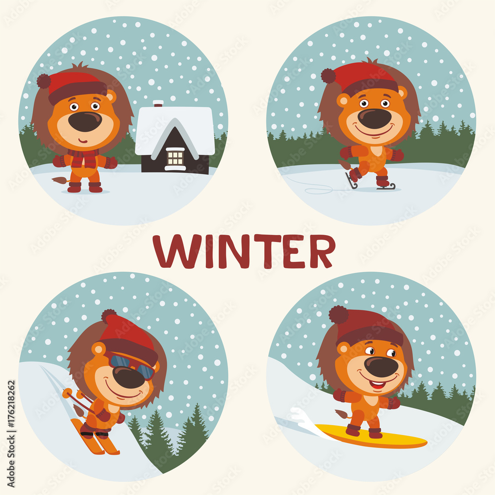 Winter. Set of funny lion is engaged in winter sports, stands near the ...