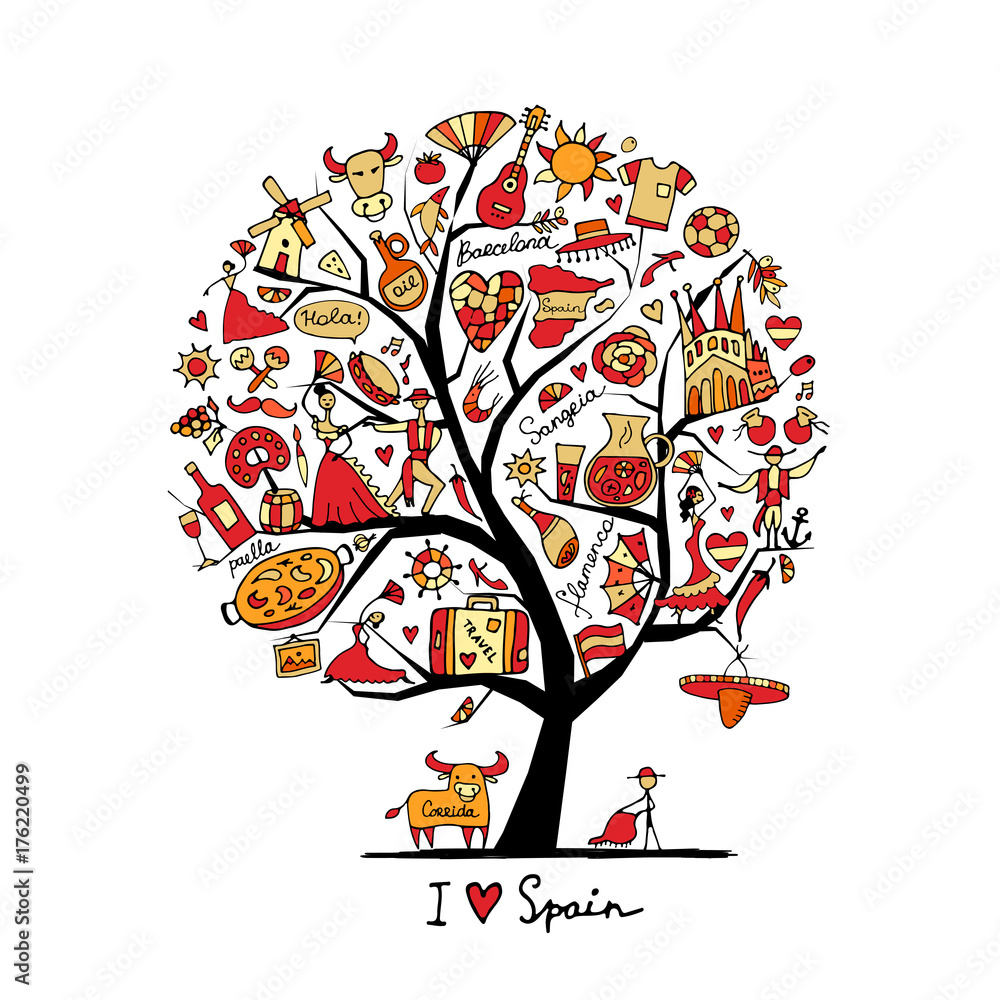 Art tree with spain symbols for your design Stock Vector | Adobe Stock
