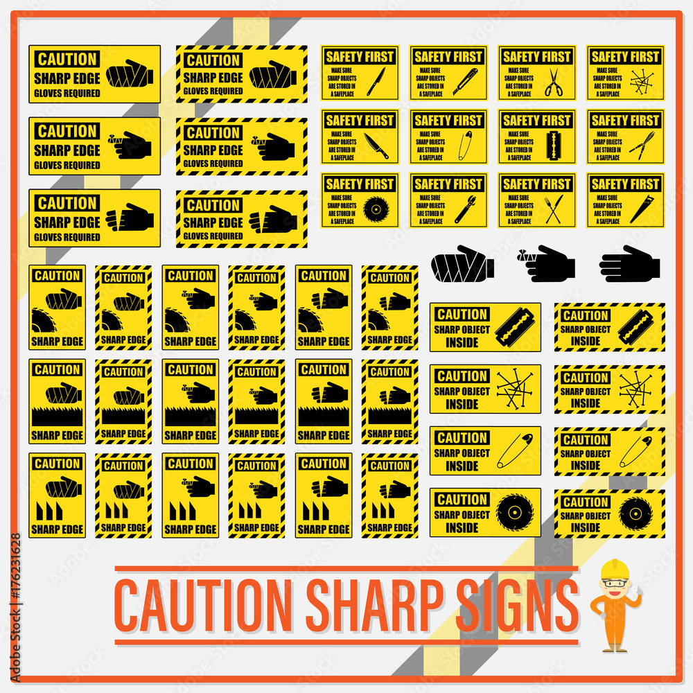 Set of safety caution sharp signs, Safety caution sharp labels for ...