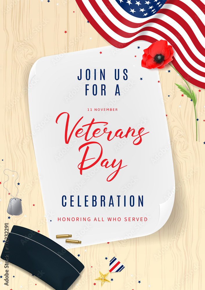 Veterans Day Greeting Party Invitation. Top View on Sleeves, Medal ...