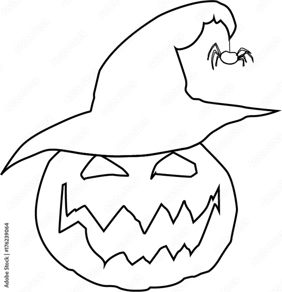 Halloween vector outline illustration of scary smiling pumpkin jack in ...
