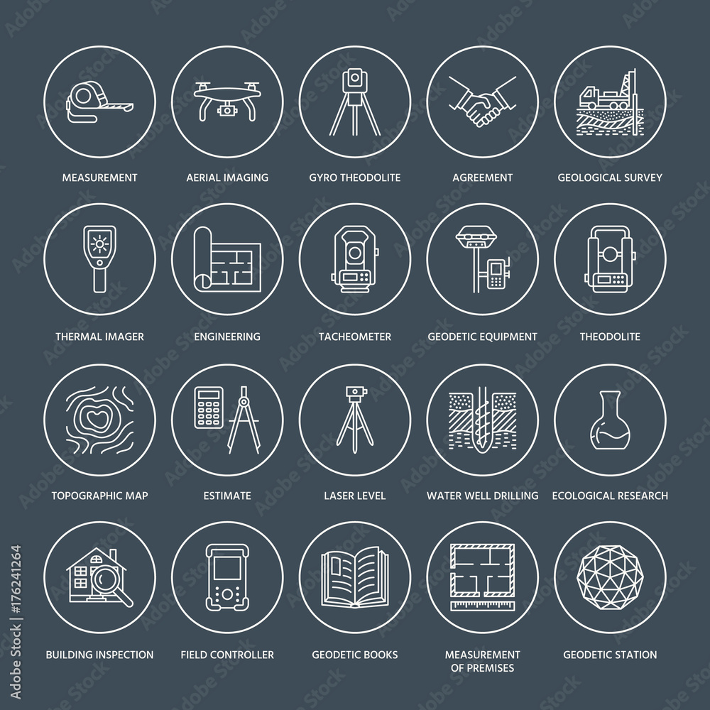 Geodetic survey engineering vector flat line icons. Geodesy equipment ...