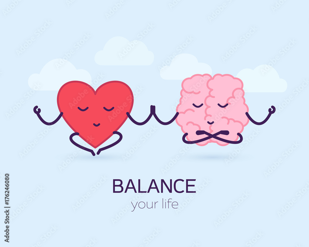 Cute brain and heart meditation. Logic and feel, cartoon characters ...