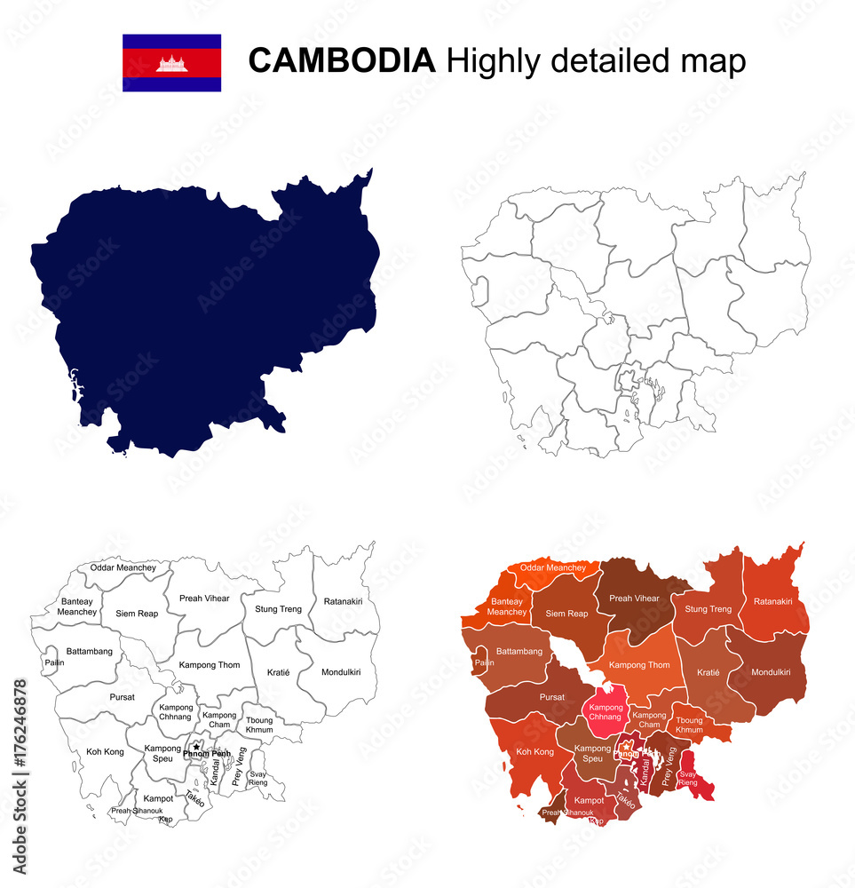 Cambodia - Isolated vector highly detailed political map with regions ...