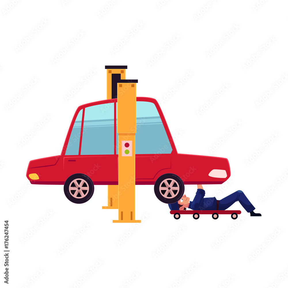 vector flat cartoon funny young man, boy mechanic in blue uniform ...