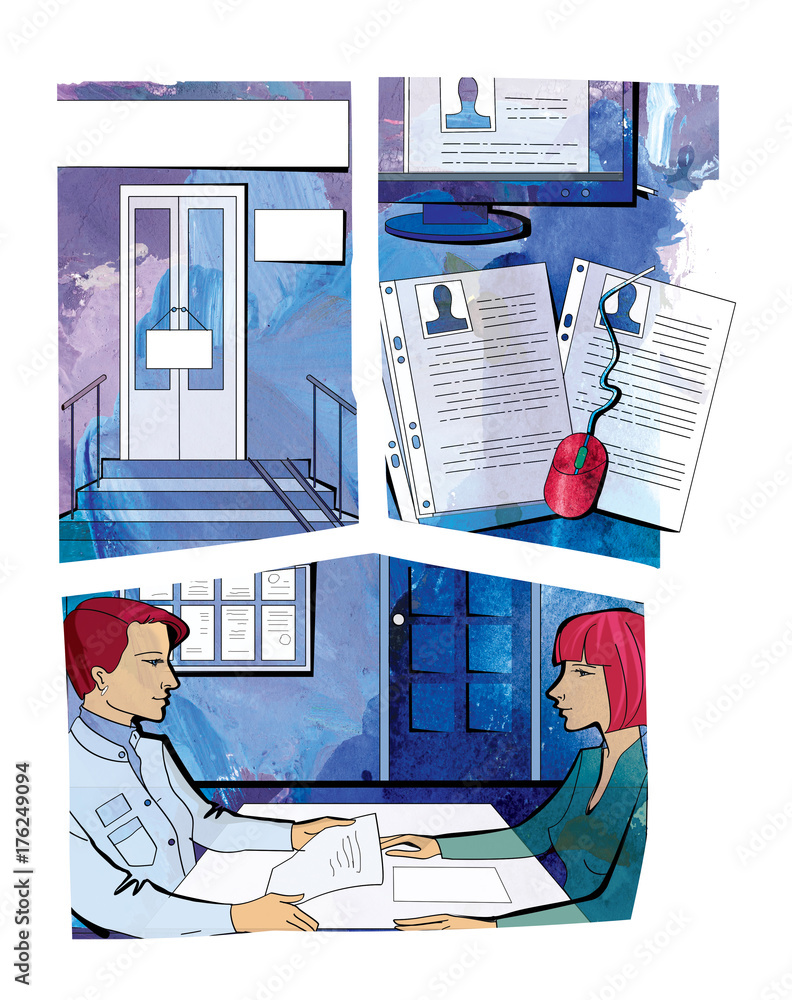 Job interview, Entrance door with plaques. Files and monitor with ...