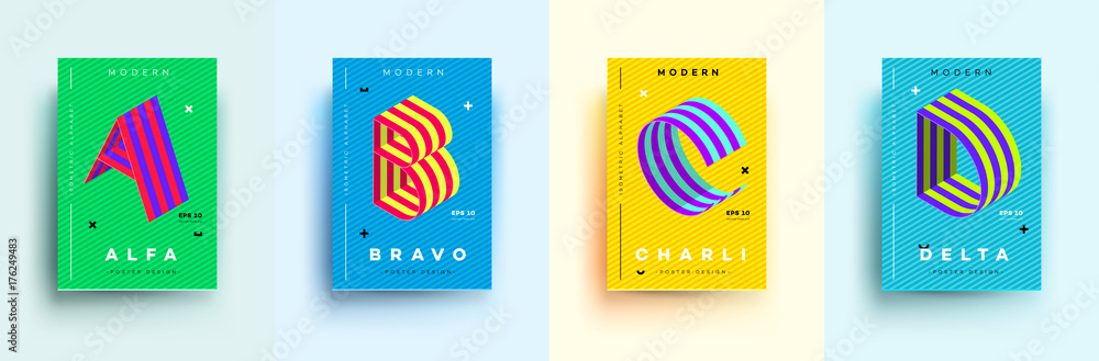 Modern Typographic Colorful Covers. Isometric Letters A, B, C, D With ...