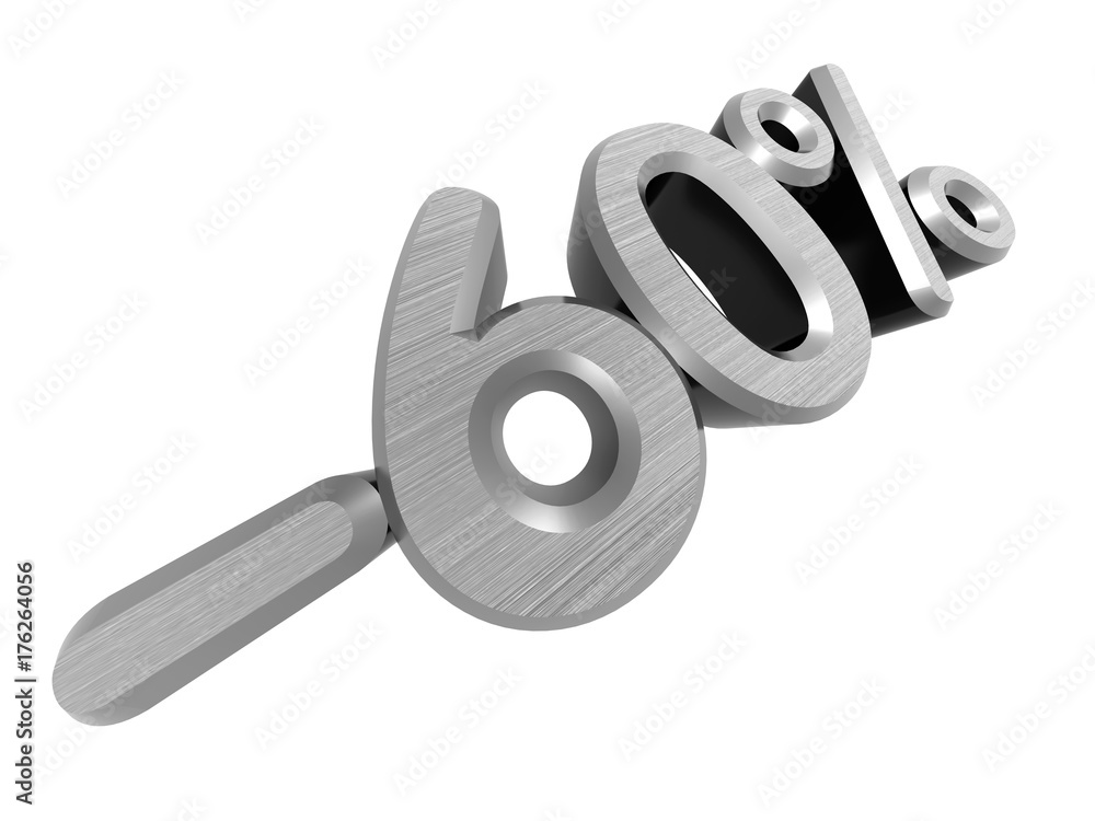 minus 60 percents. 3D rendered. On a white background. Metallic texture ...