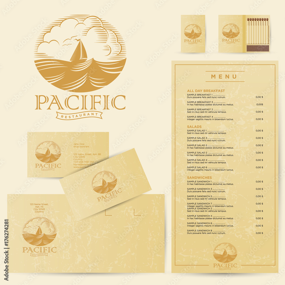 Logo and identity seafood restaurant. Menu, envelope, business card ...