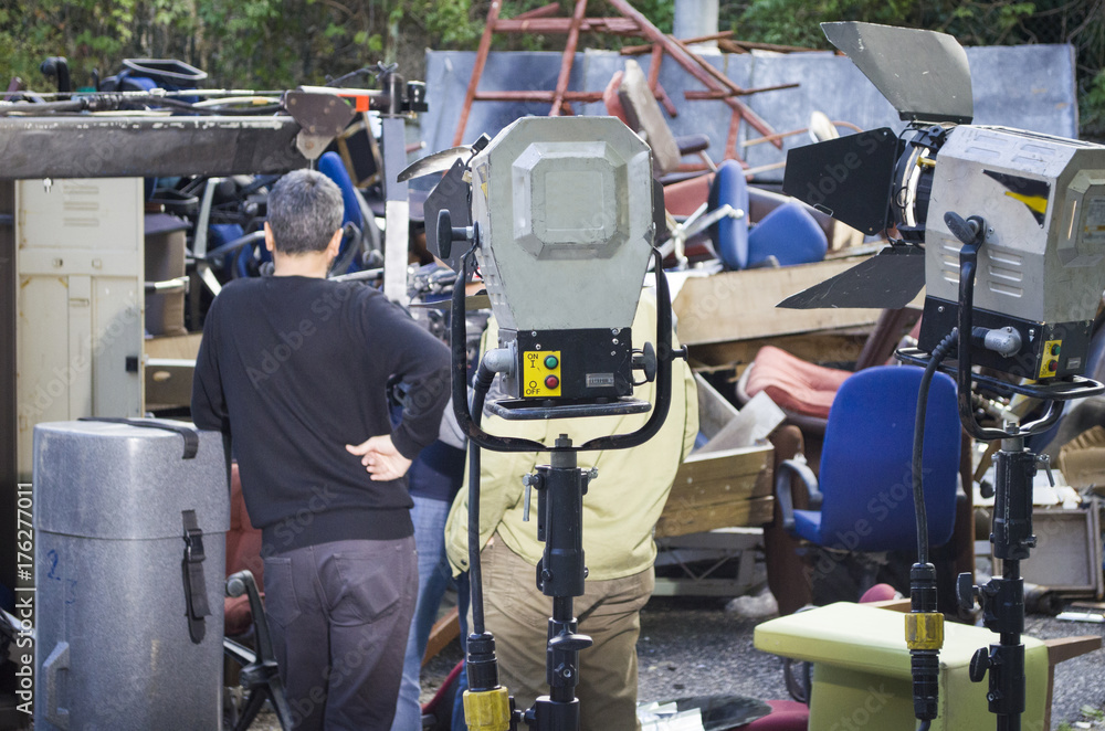 behind the scene film crew team filming movie scene on outdoor location ...