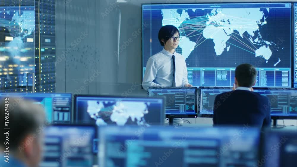 In the System Control Room Manager Holds a Briefing for His Staff ...