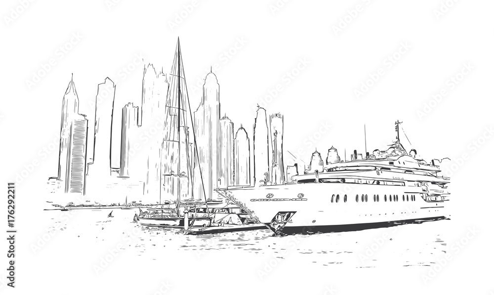Hand drawn sketch of Marina Dubai, UAE in vector illustration. Stock ...