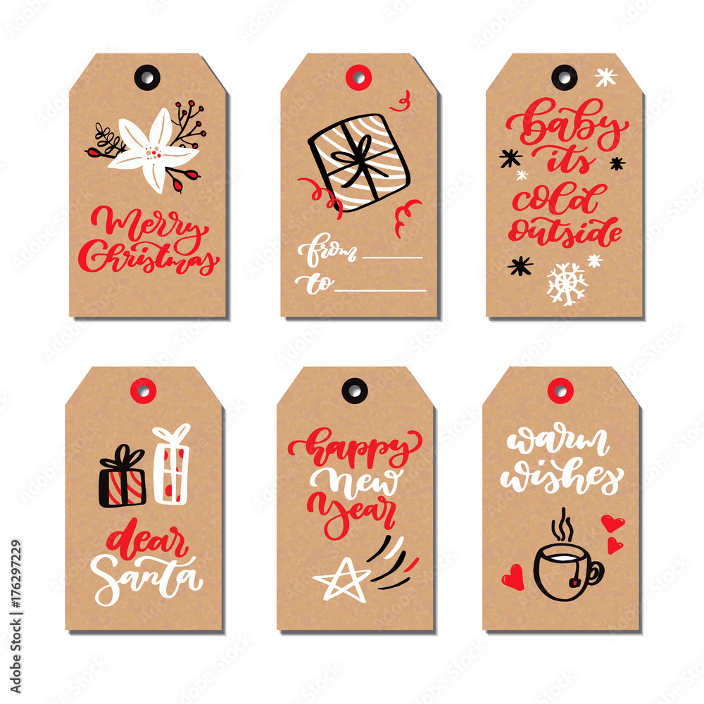 Christmas modern gift tags set with hand drawn doodles and lettering ...