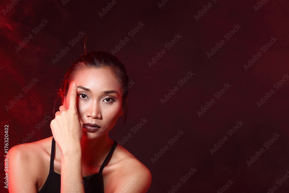 Smoke Tan Skin Asian Woman black hair dark lip with Dense Fluffy Puffs ...