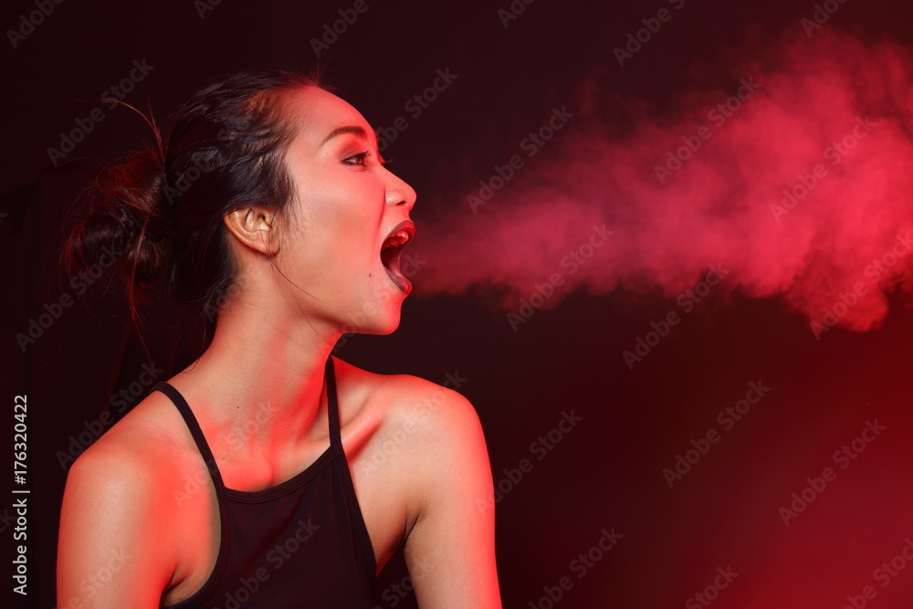 Smoke Tan Skin Asian Woman black hair dark lip with Dense Fluffy Puffs ...