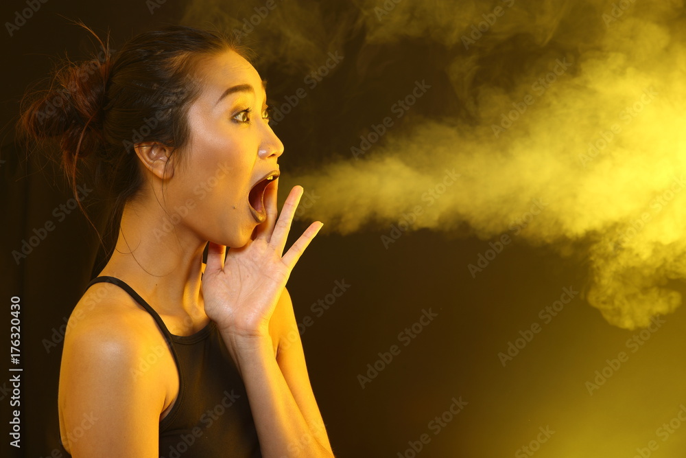 Smoke Tan Skin Asian Woman black hair dark lip with Dense Fluffy Puffs ...